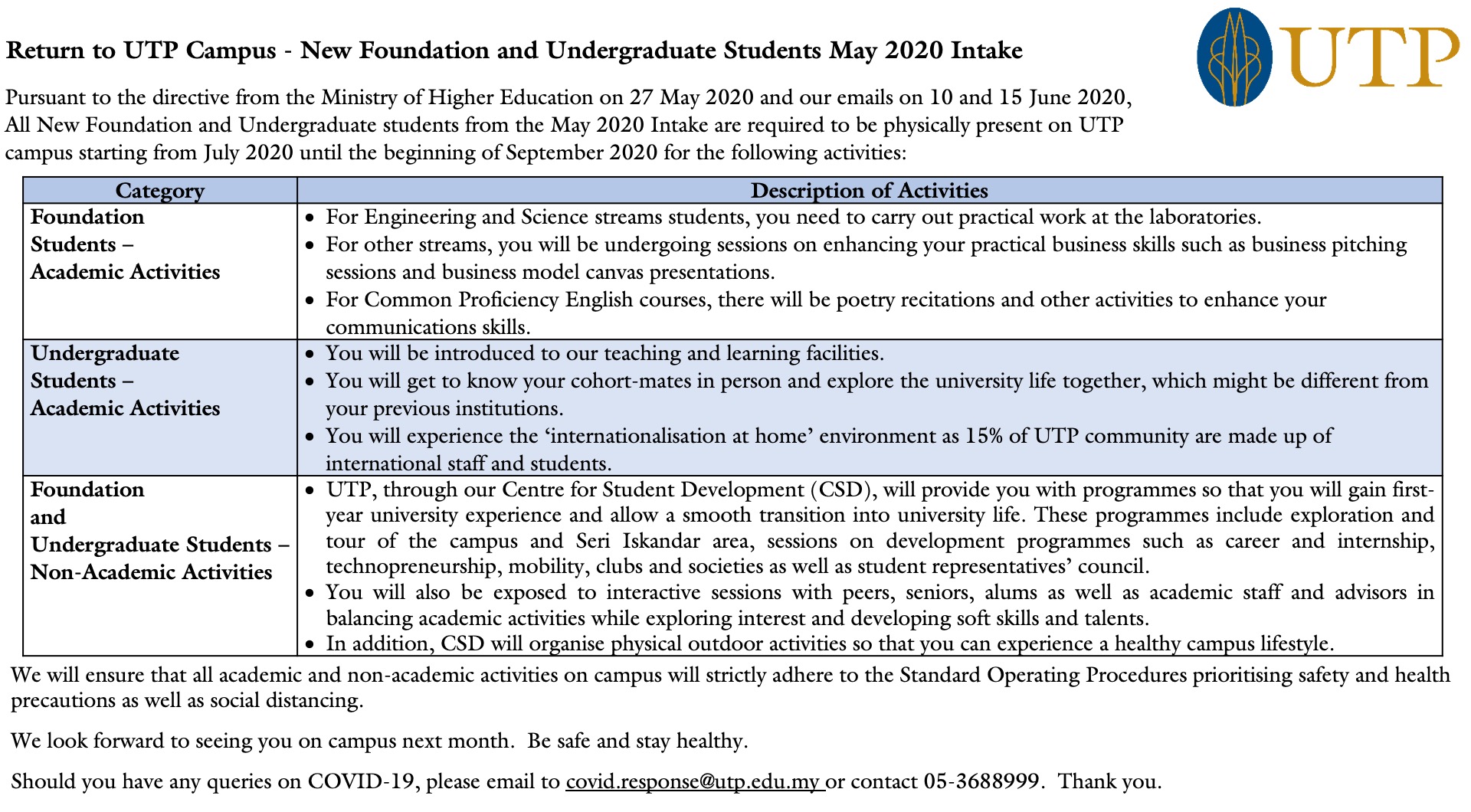 Return to UTP Campus - New Foundation and Undergraduate Students May 2020 Intake